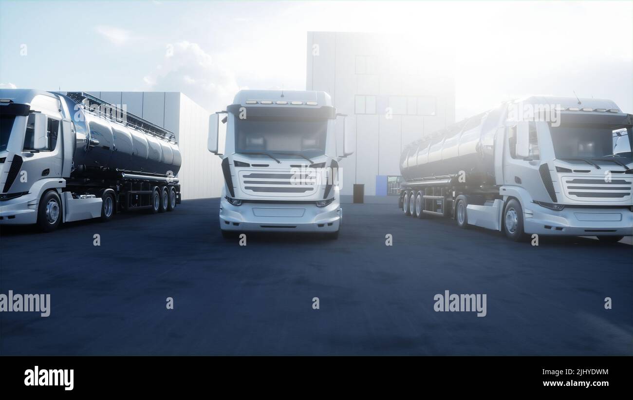 Generic 3d model of gasoline tanker on warehouse parking. Logistic ...