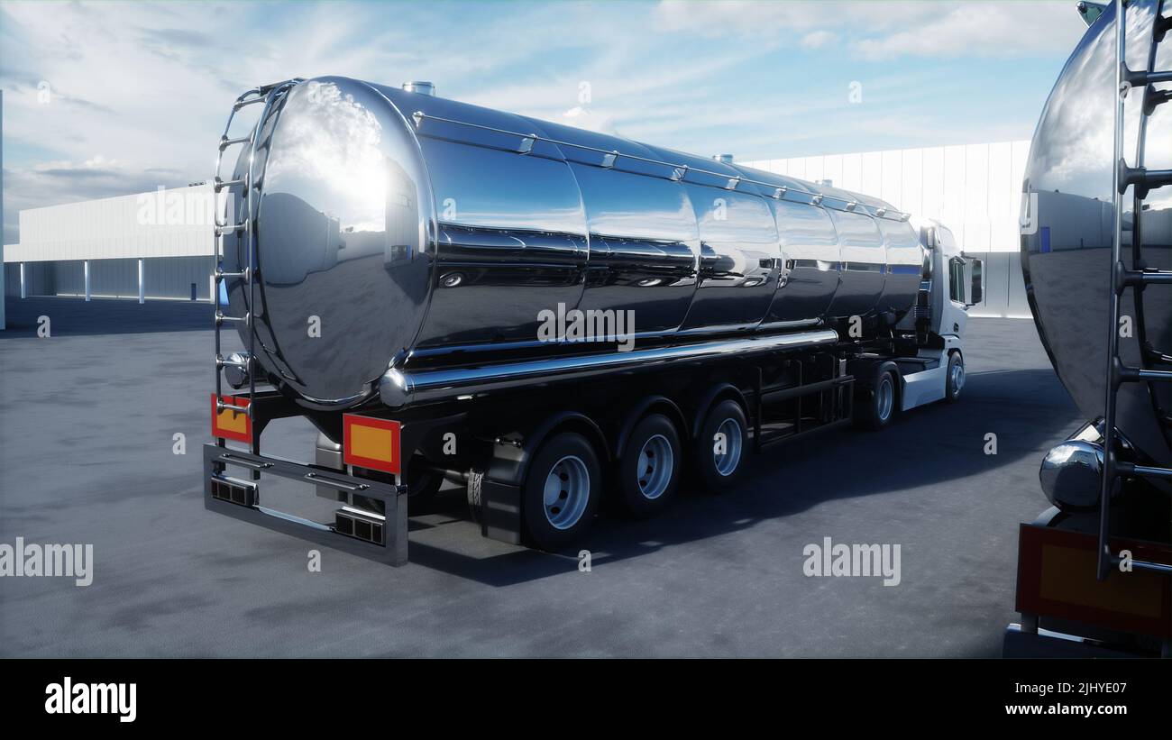 Generic 3d model of gasoline tanker on warehouse parking. Logistic ...