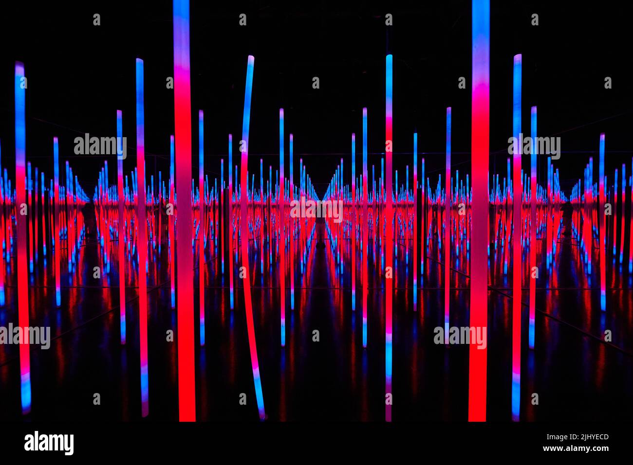 Red and blue mesmerizing LED light poles in infinity mirror room Stock ...