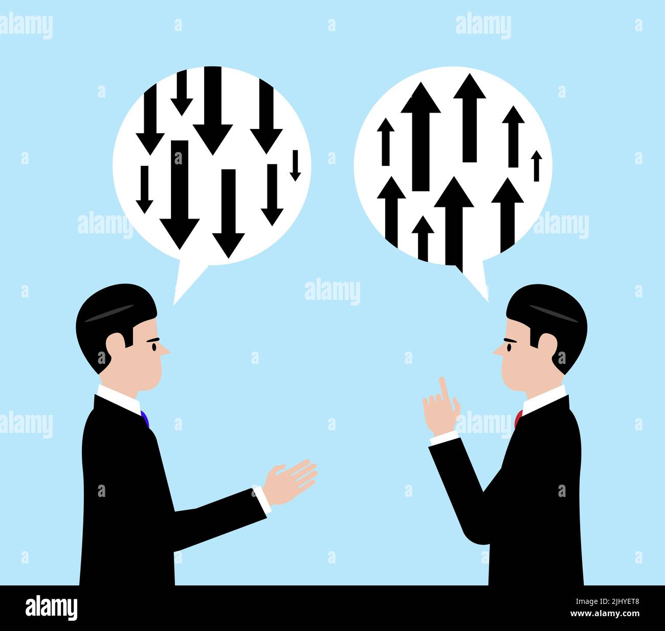 Two business men with different views talking with visual speech bubble ...