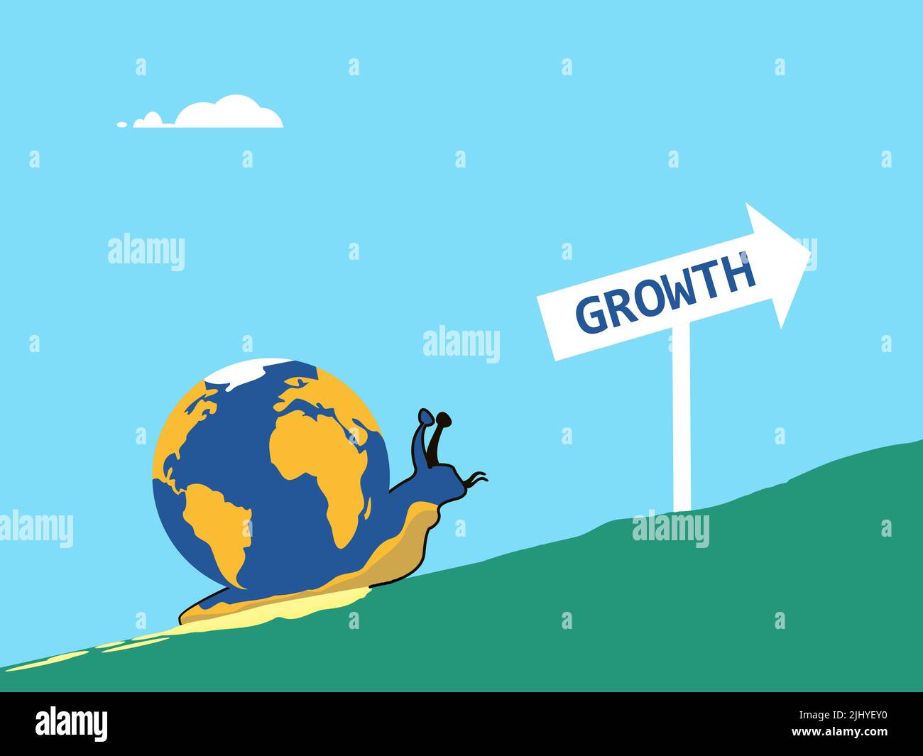 A vector metaphor on global growth slowing. A snail is with a globe on ...