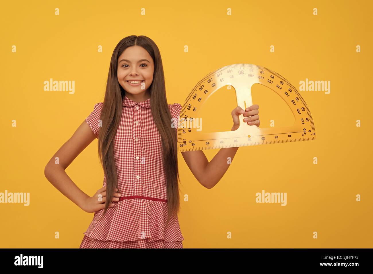 happy child study math in school hold protractor ruler, school Stock ...