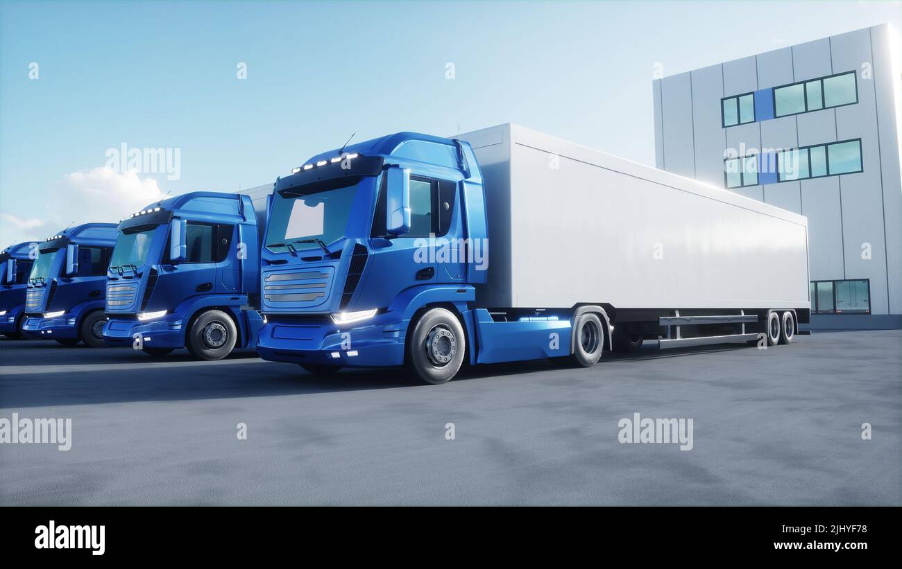 Generic 3d model of cargo trucks on warehouse parking. Logistic center ...