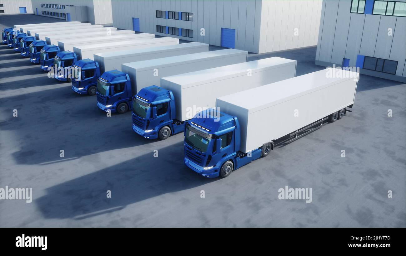 Generic 3d model of cargo trucks on warehouse parking. Logistic center ...