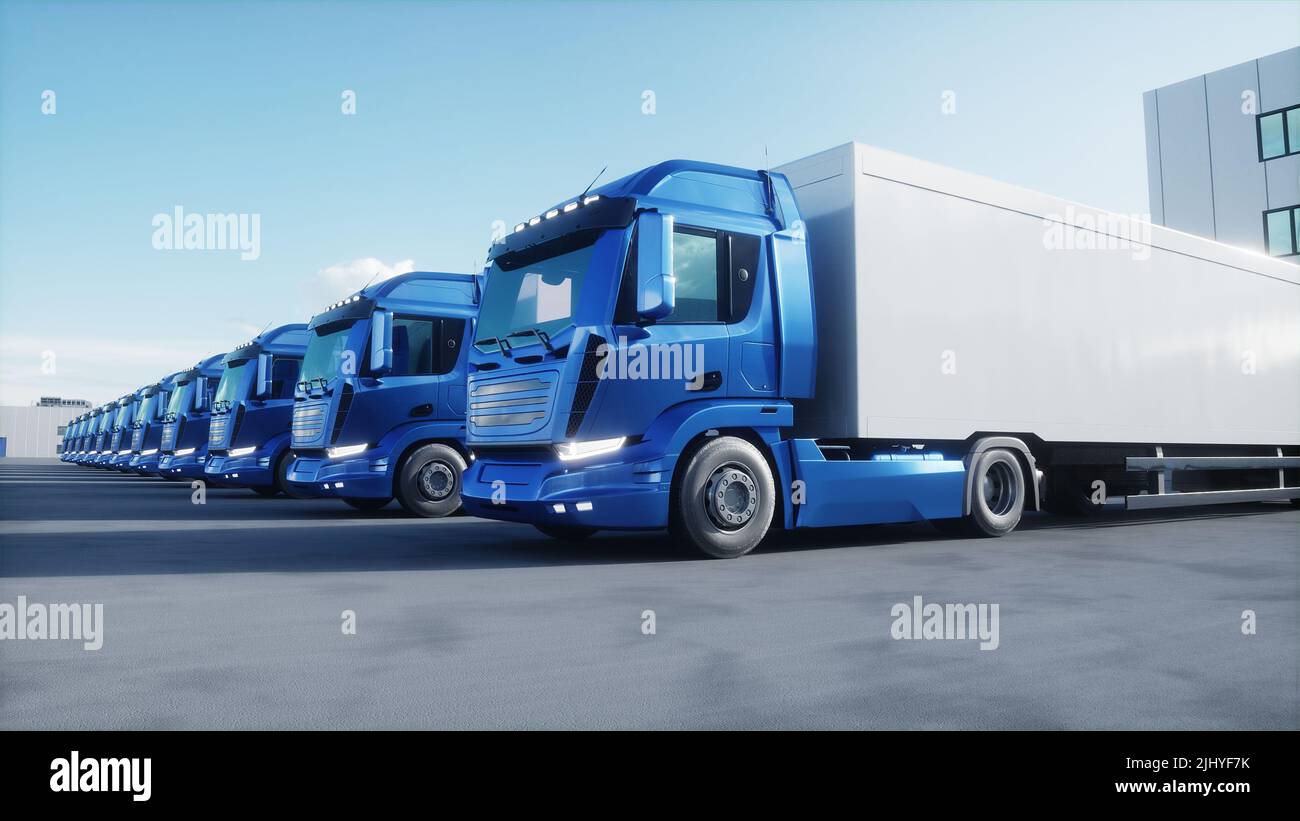 Generic 3d model of cargo trucks on warehouse parking. Logistic center ...