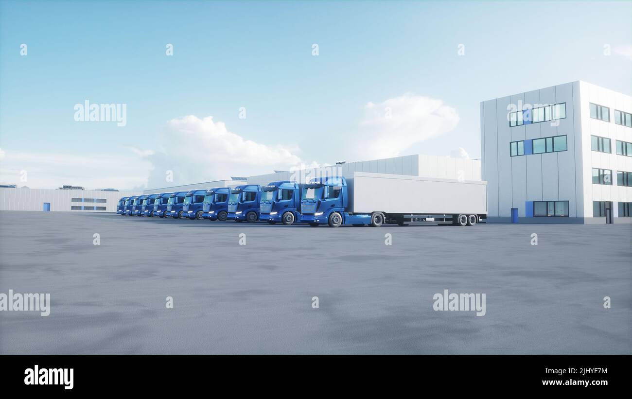 Generic 3d model of cargo trucks on warehouse parking. Logistic center ...