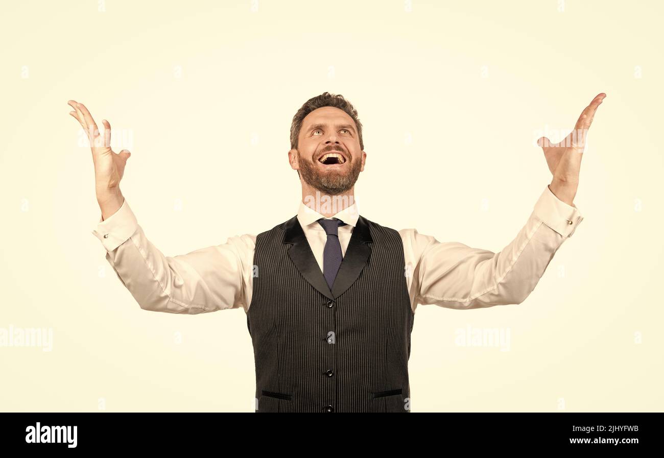 happy successful guy in formalwear celebrating success isolated on ...