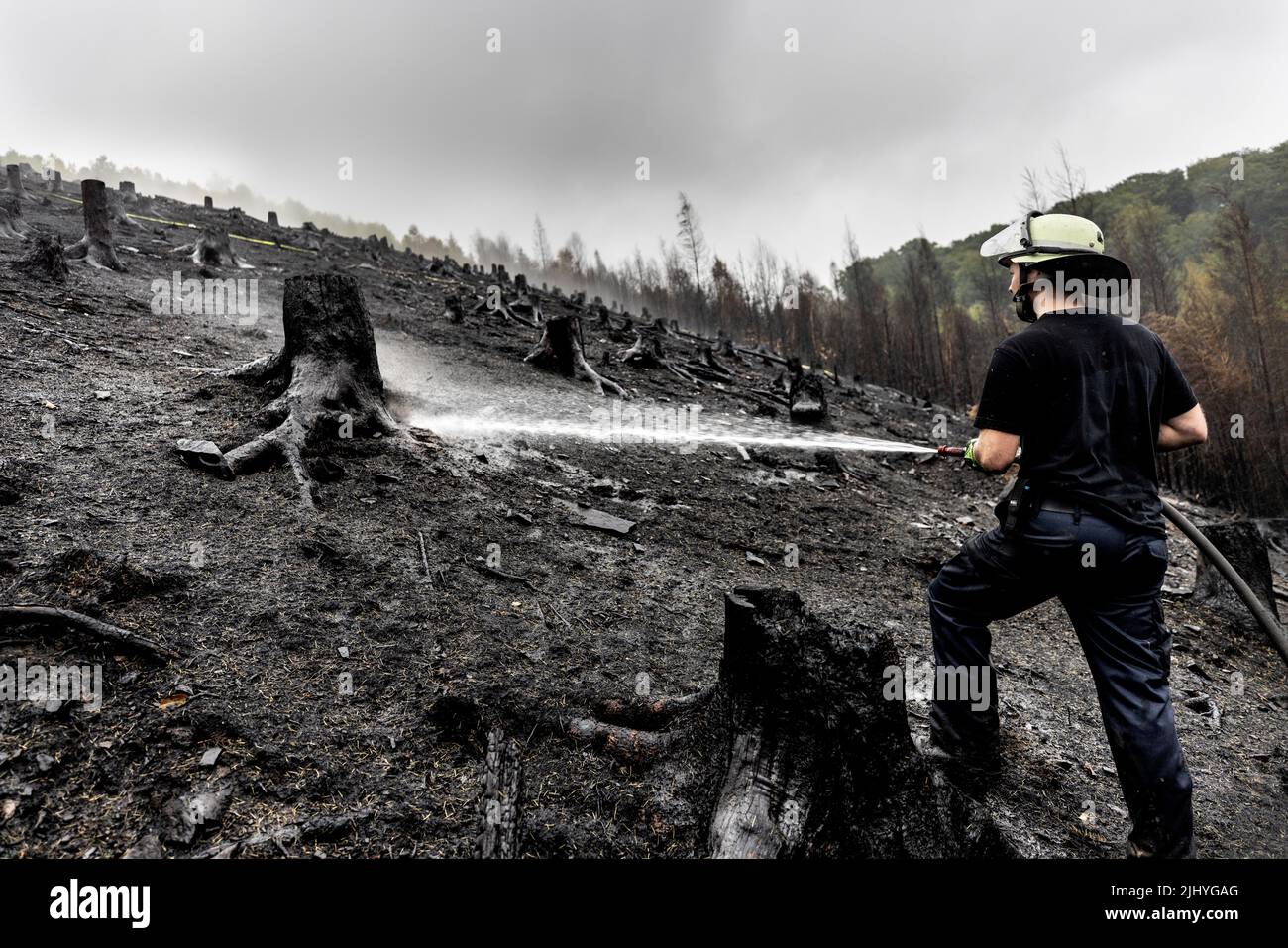Altena, Germany. 21st July, 2022. A firefighter extinguishes a forest ...