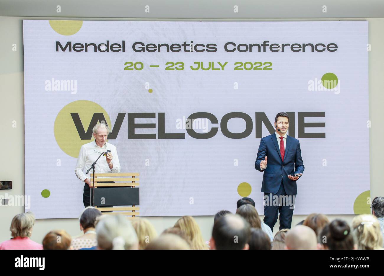 Brno, Czech Republic. 21st July, 2022. Host Daniel Stach, right, speaks ...
