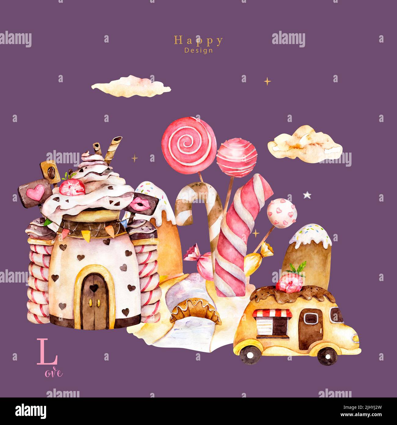 Sweet land watercolor illustration, wonderland. Cartoon fantasy candy ...