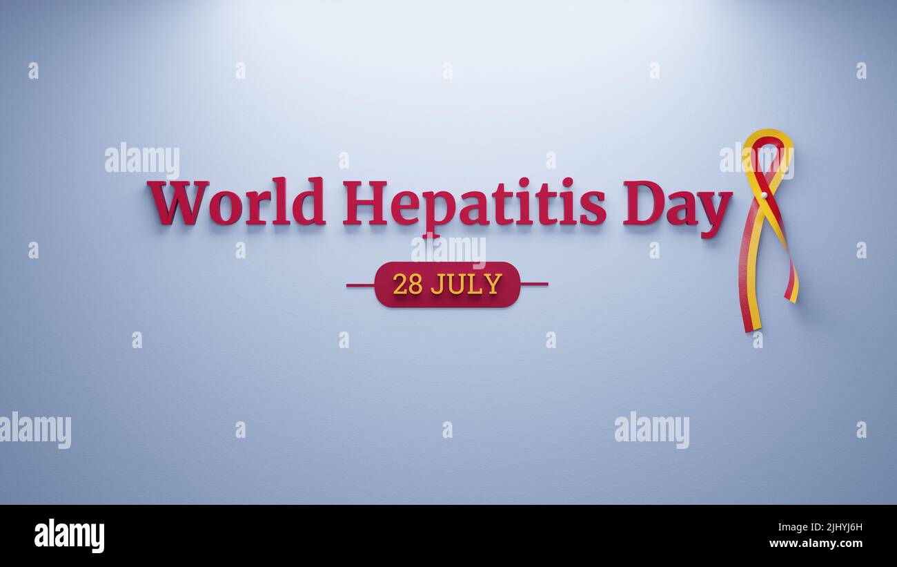 World Hepatitis Day Card. Blue Wall Background. Red, Yellow ribbon ...