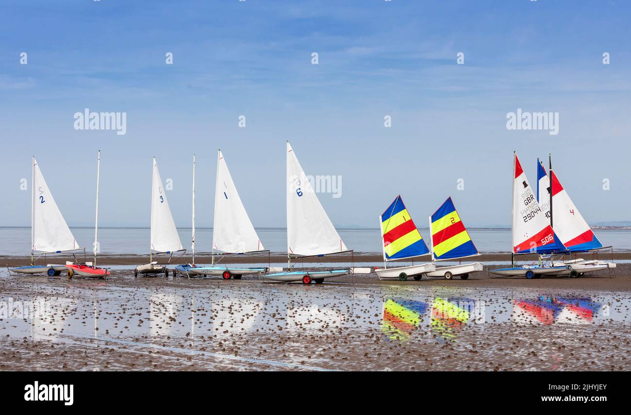 Number of small boats and yachts on the beach at Prestwick, Ayrshire on ...