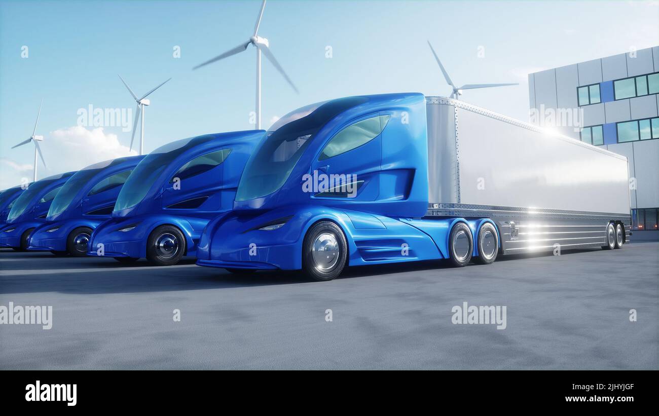 Futuristic electrick trucks on warehouse parking. Logistic center ...
