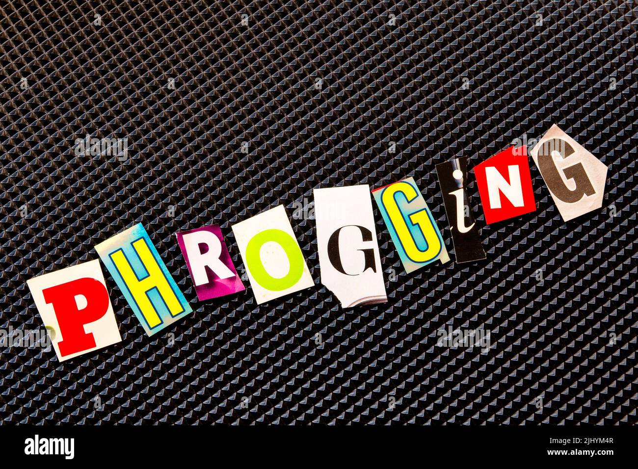 The Word "Phrogging" is spelled out in ransom note style typography ...