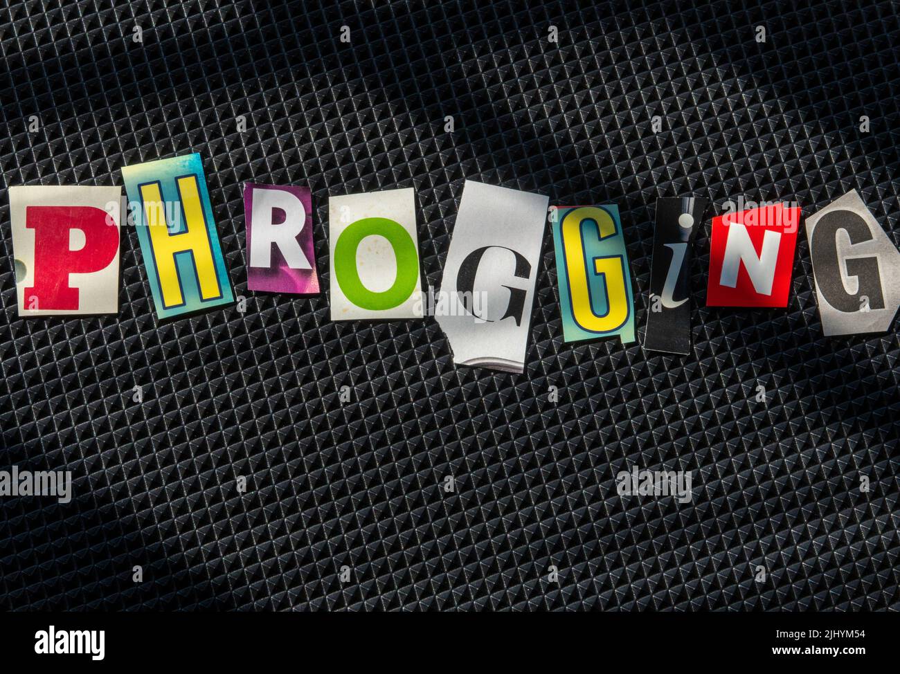The Word "Phrogging" is spelled out in ransom note style typography ...