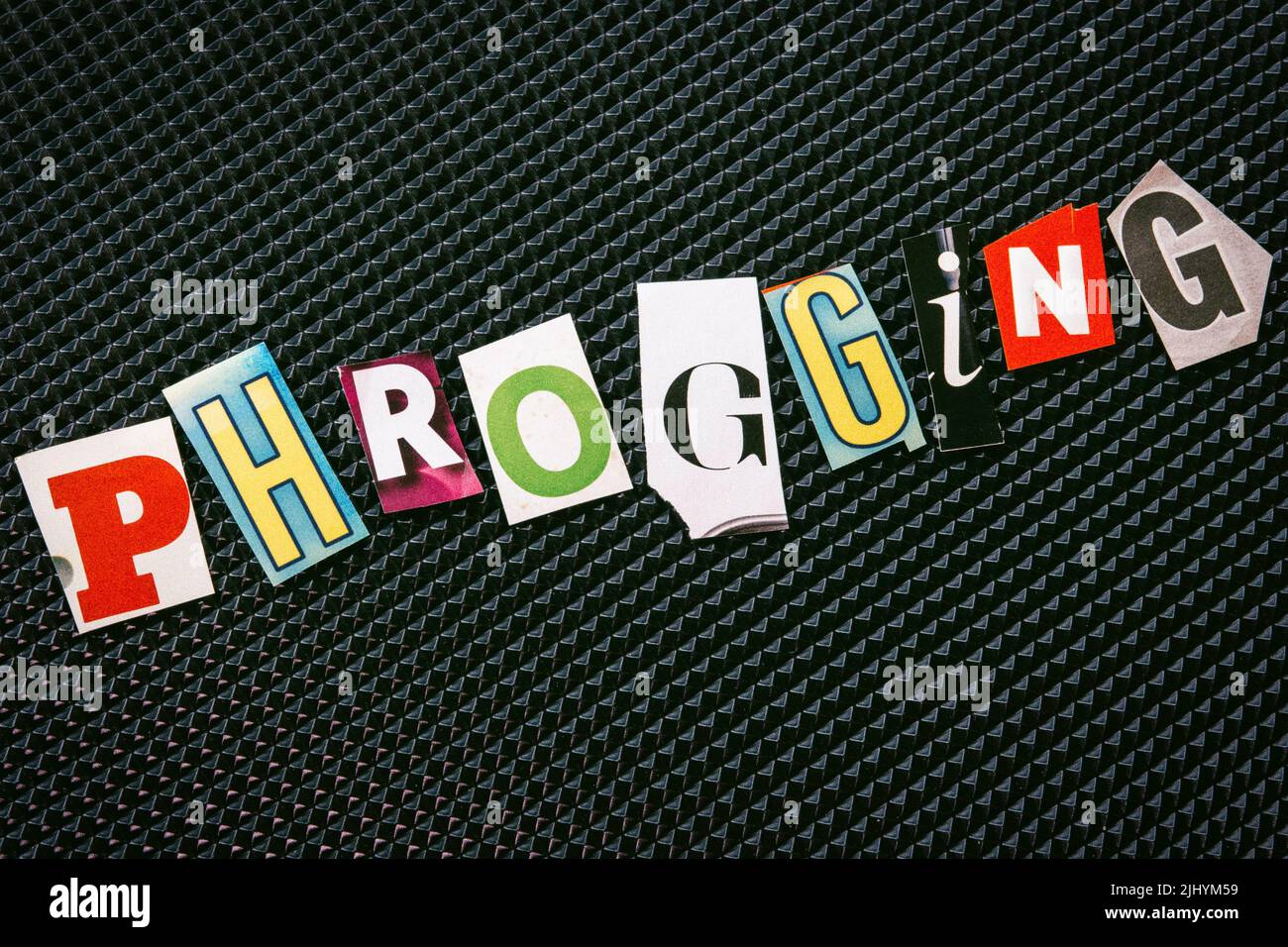 The Word "Phrogging" is spelled out in ransom note style typography ...