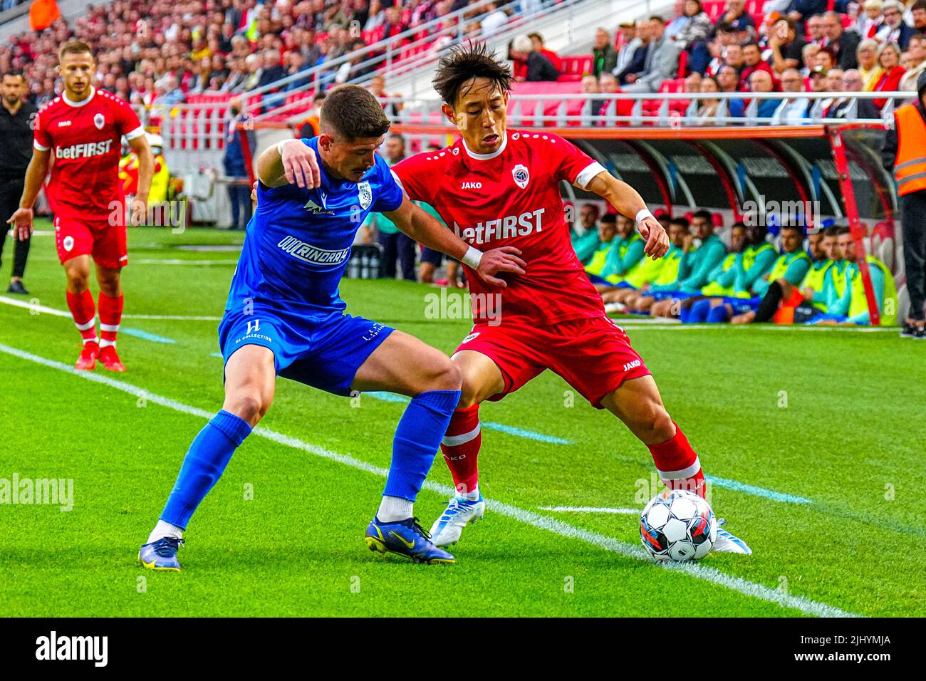 ANTWERP, BELGIUM - JULY 21: Ekow Mills of KF Drita, Koji Miyoshi of ...