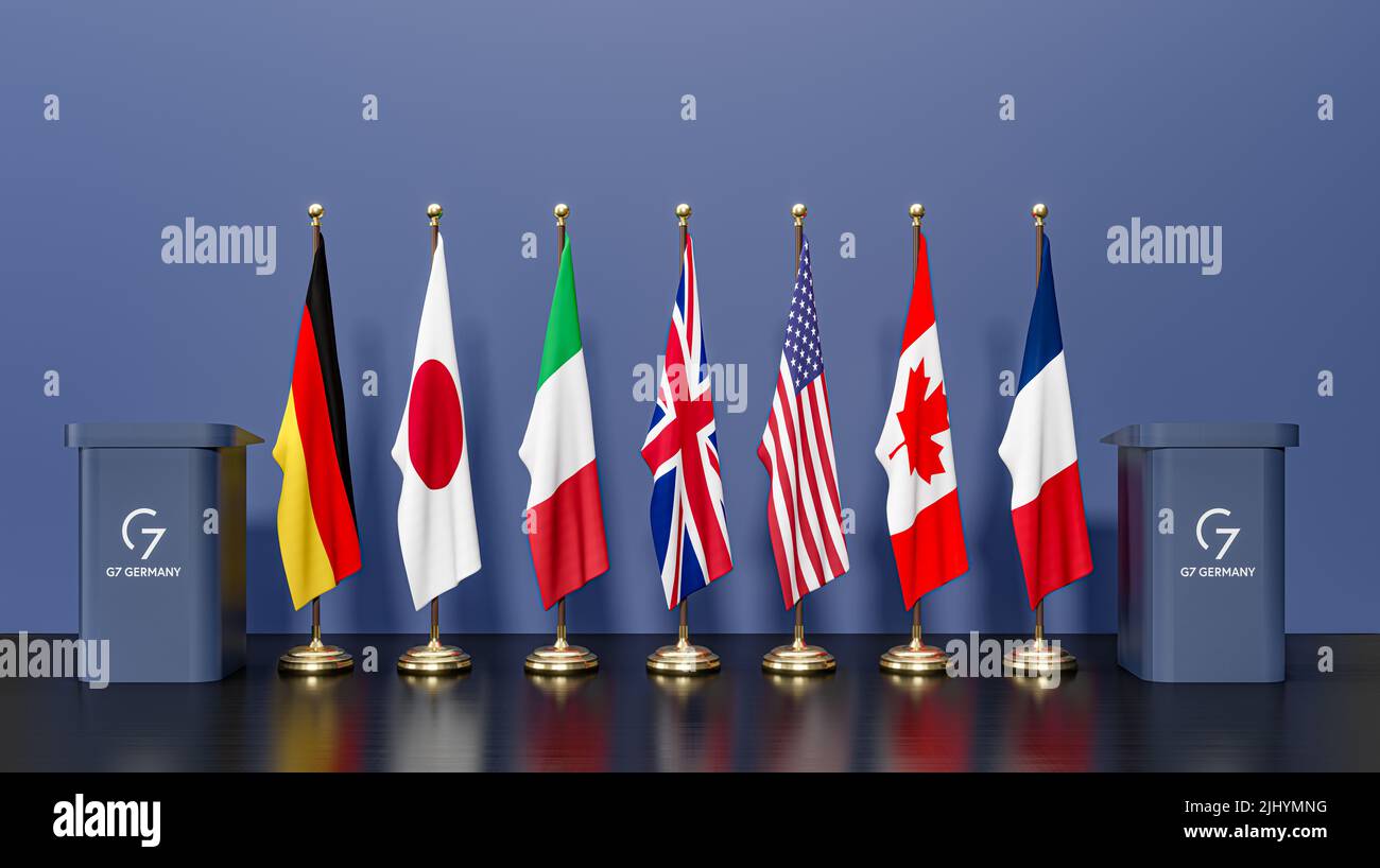 G7 summit. flags of members of G7 group of seven and list of countries ...