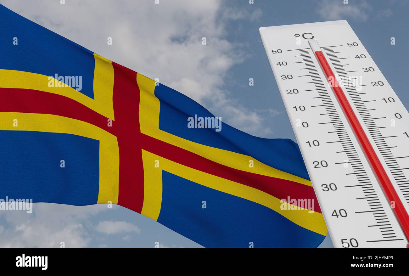 Heat wave in Aland, Thermometer in front of flag Aland and sky ...