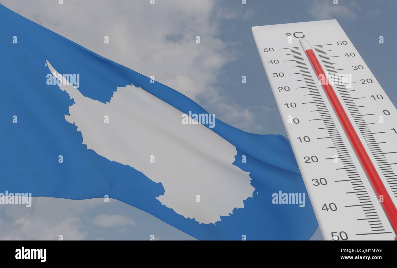 Heat wave in Antarctica, Thermometer in front of flag Antarctica and ...
