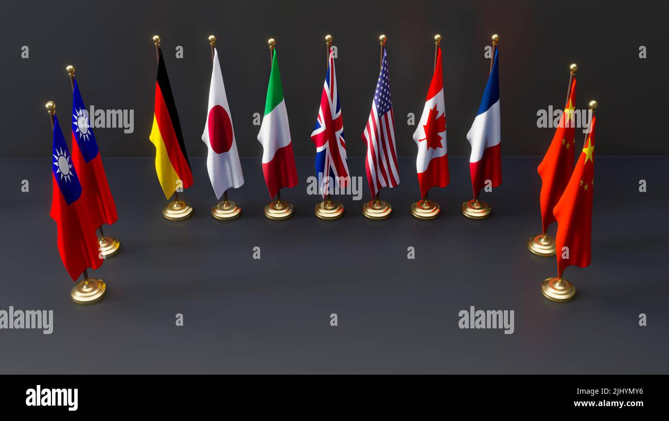 G7 countries against China, Flags of G7 countries, Taiwan flag. Stop ...