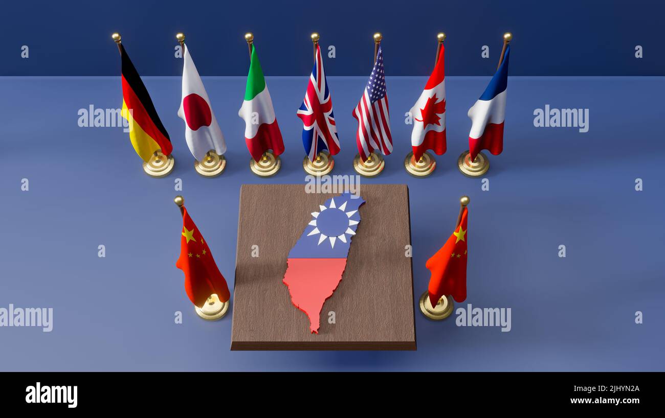 G7 countries against China, flags of members of G7 group of seven and ...
