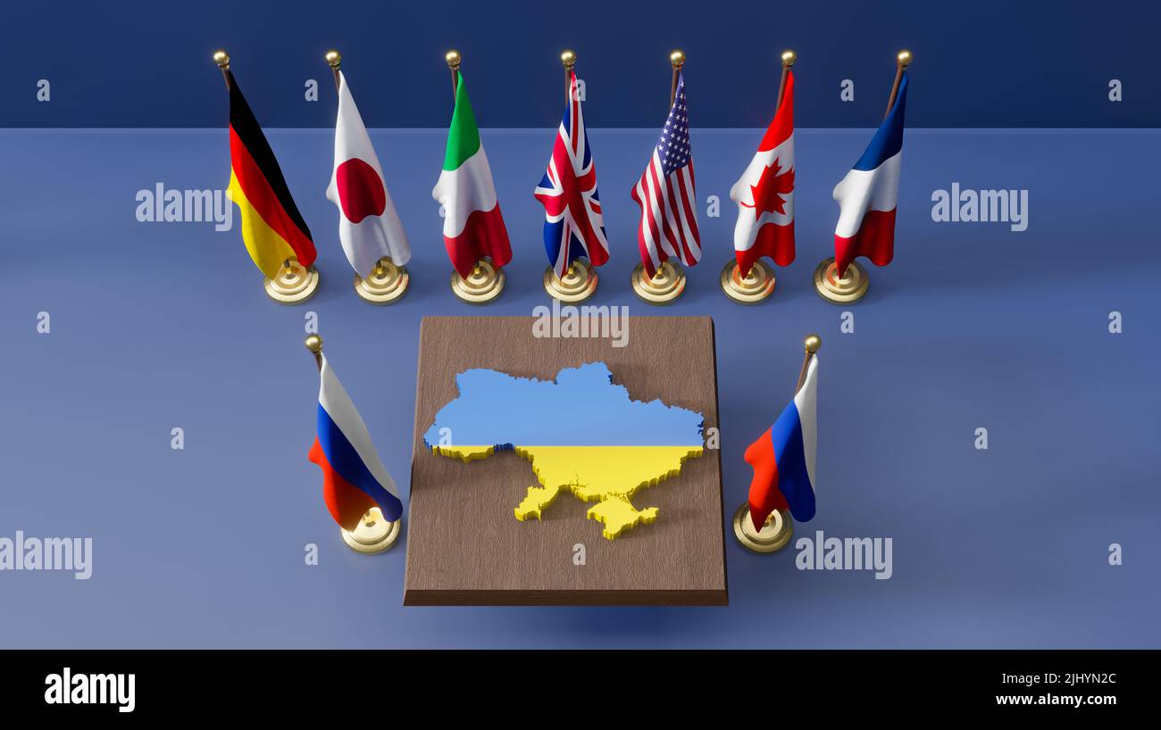 G7 countries against Russia, Flags of G7 countries, Russia and map ...