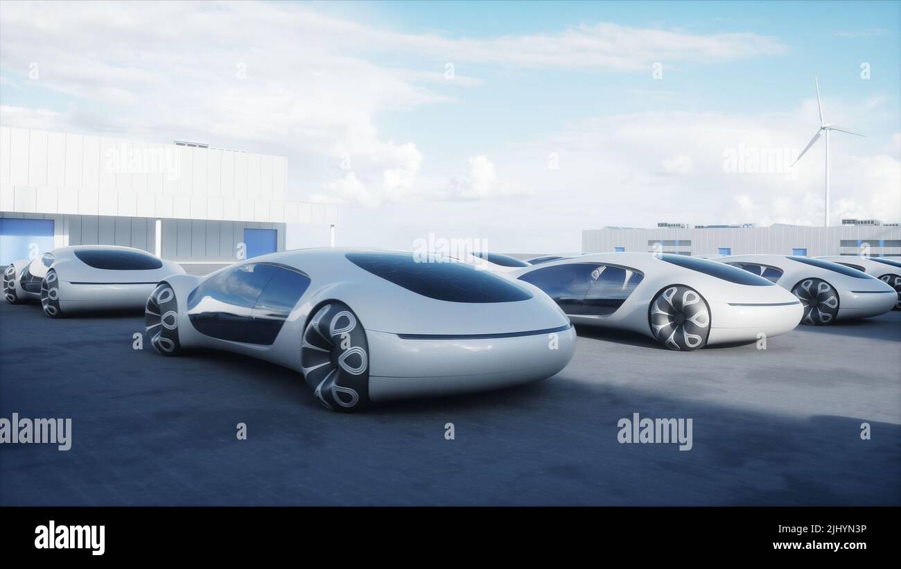 Futuristic electrick cars on warehouse parking. Logistic center. Green ...