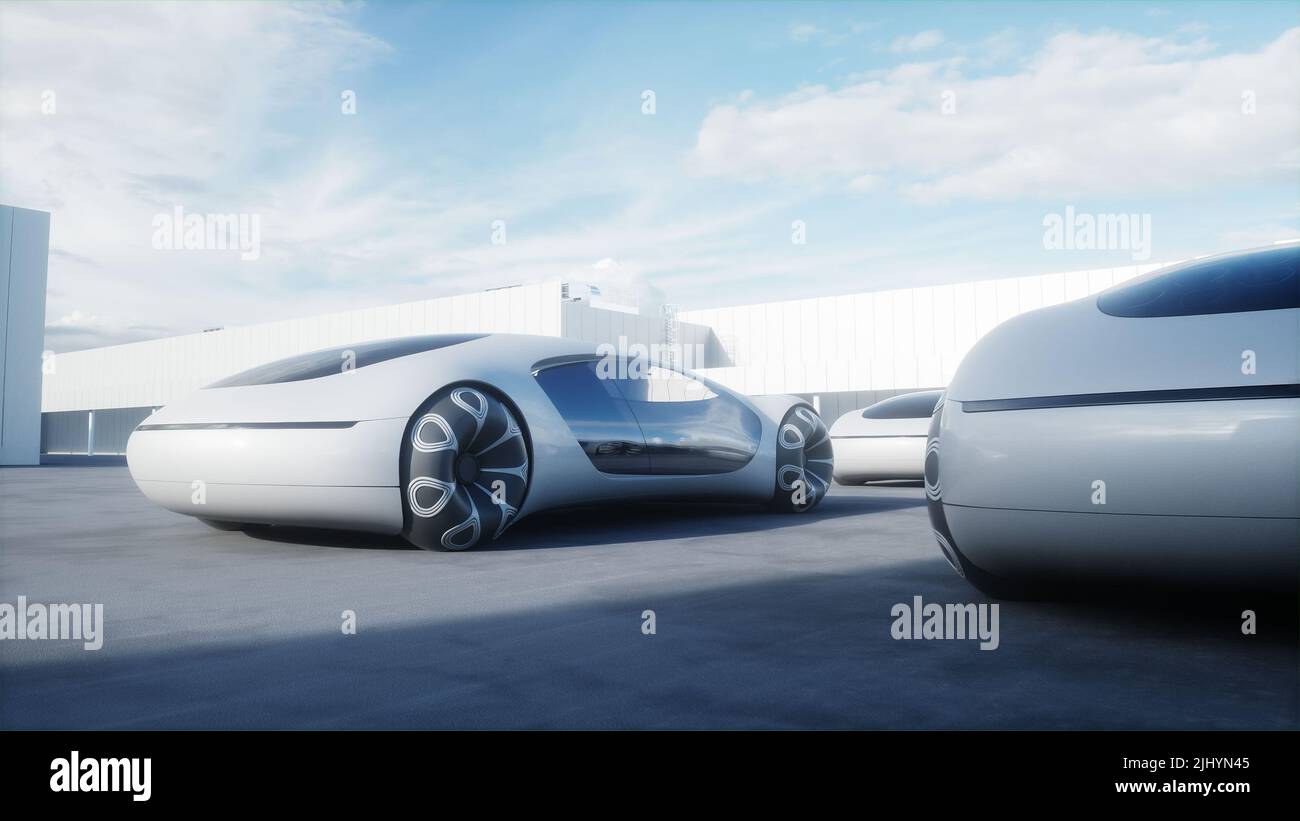Futuristic electrick cars on warehouse parking. Logistic center. Green ...