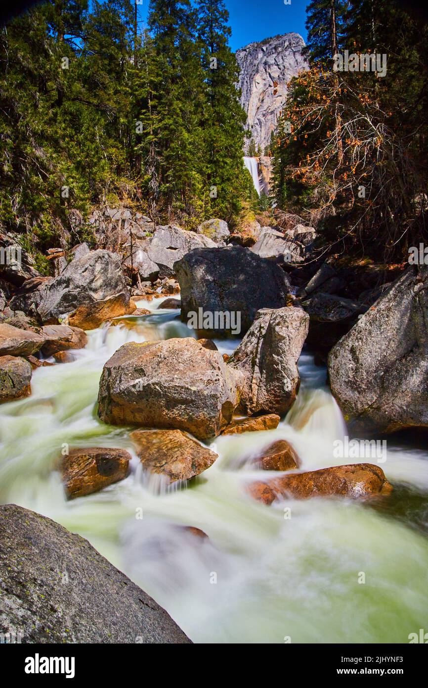 Vernal Falls from distance at lower end of river in Yosemite Stock ...
