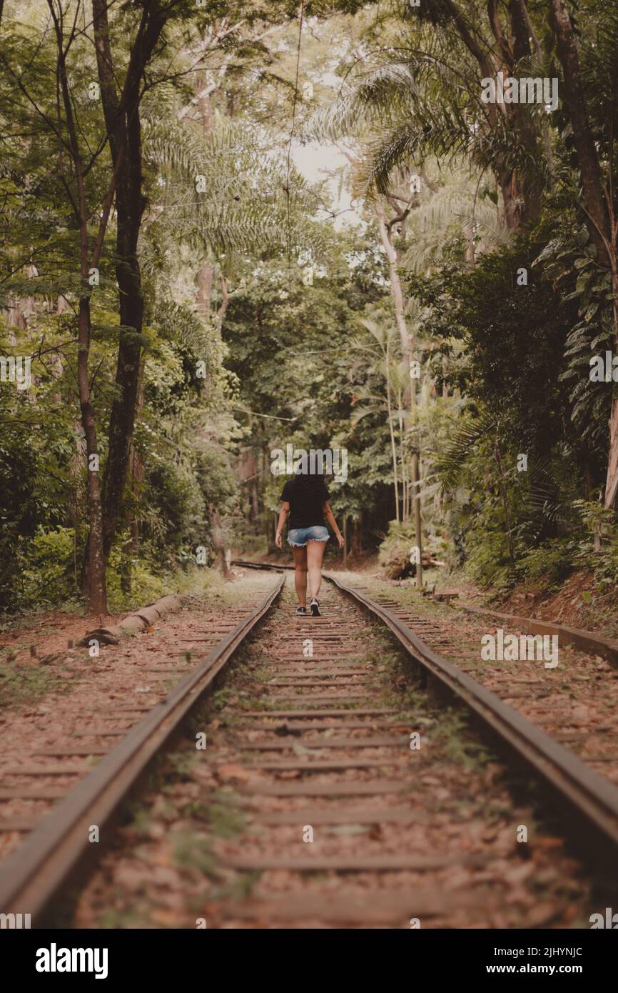 back view of a woman walking alone on rails in the forest Stock Photo ...