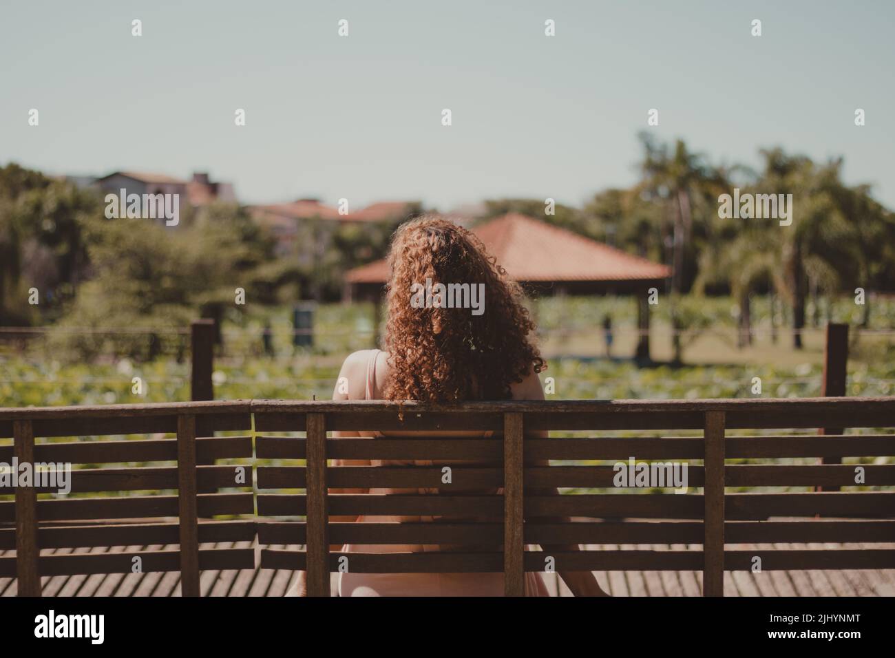 back view of a woman with voluminous wavy hair sitting on a wooden ...