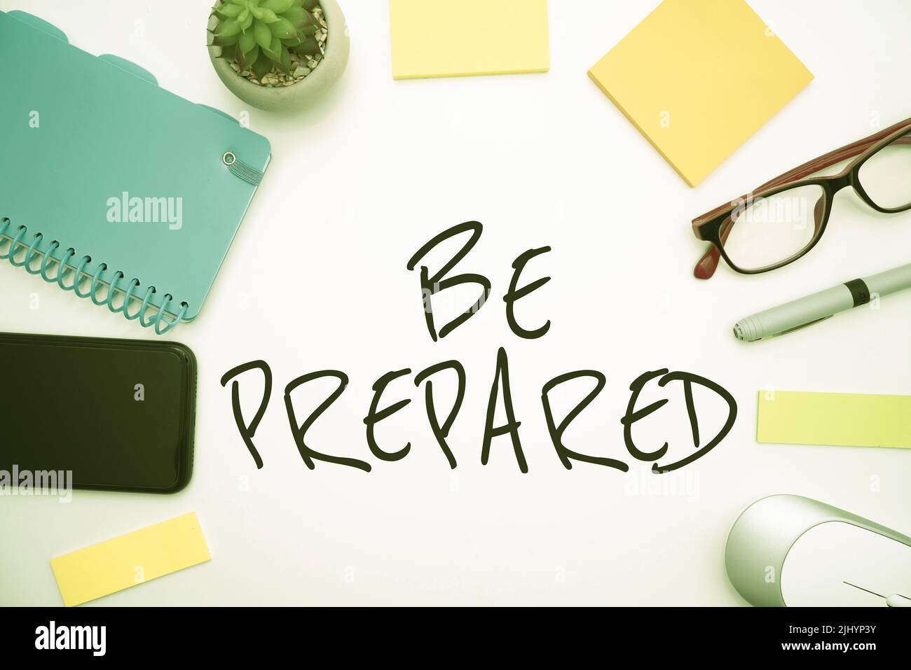 A colorful illustration of a phone, glasses, office supplies with be ...