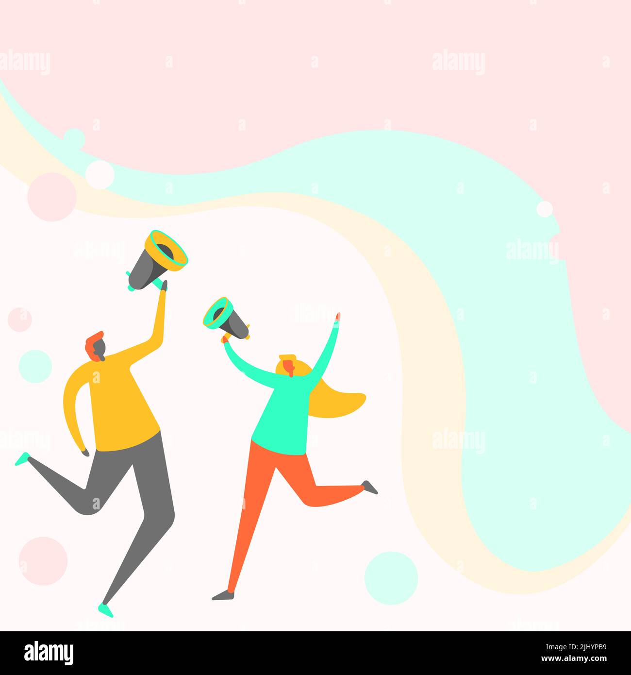 An illustration of people holding megaphones on a colorful background ...
