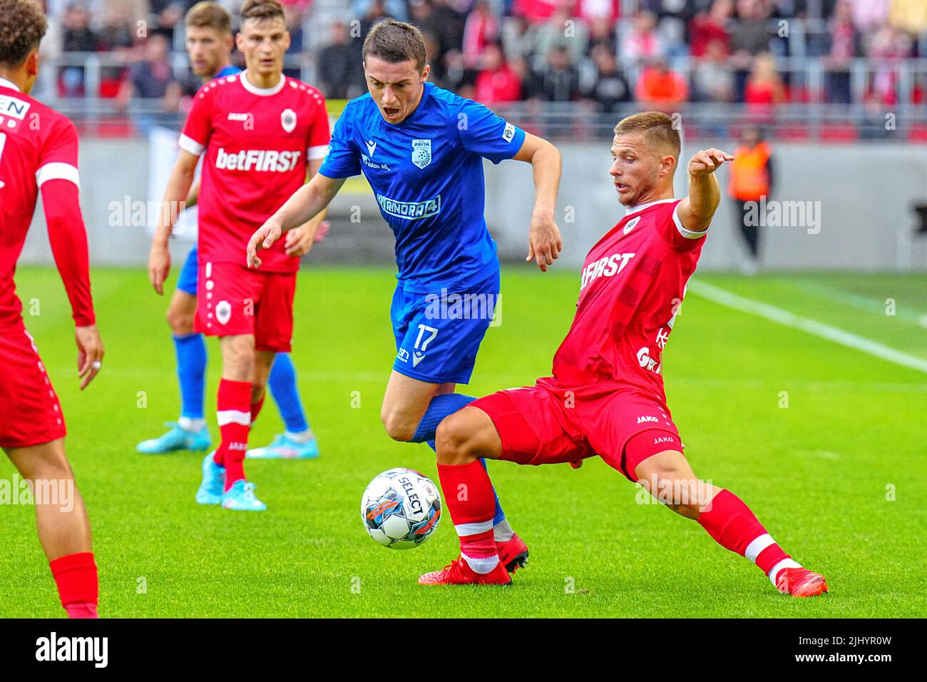 ANTWERP, BELGIUM - JULY 21: Laurit Krasniqi of Royal Antwerp FC, Alamir ...