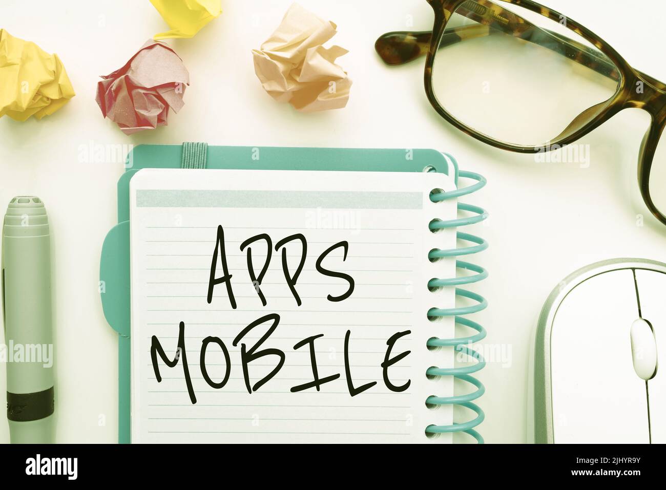 An illustration of glasses, crumpled papers, mouse, pen and a notebook ...