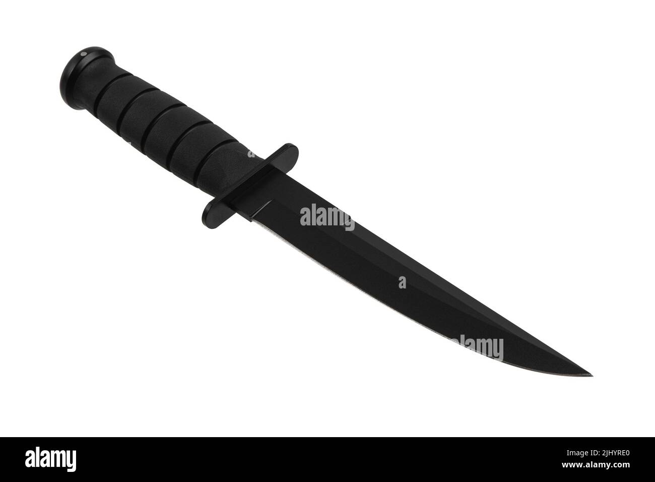Modern hunting knife with black blade and rubber handle. Steel arms ...