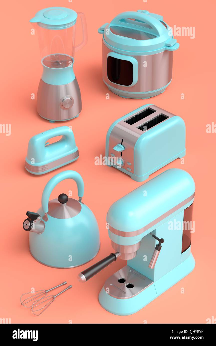 Electric kitchen appliances and utensils for making breakfast on coral ...