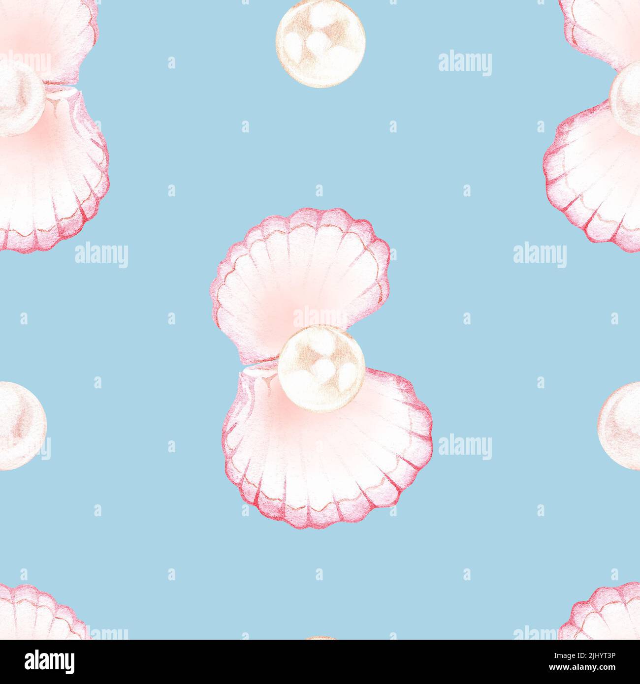 Shell with pearls. Seamless pattern. Watercolor illustration. Isolated ...