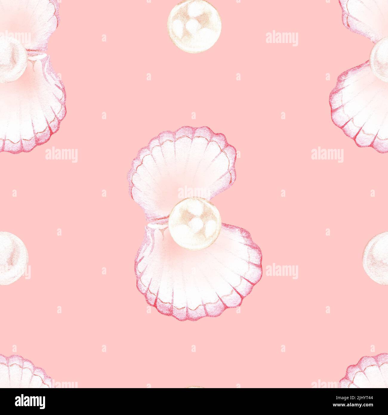 Shell with pearls. Seamless pattern. Watercolor illustration. Isolated ...