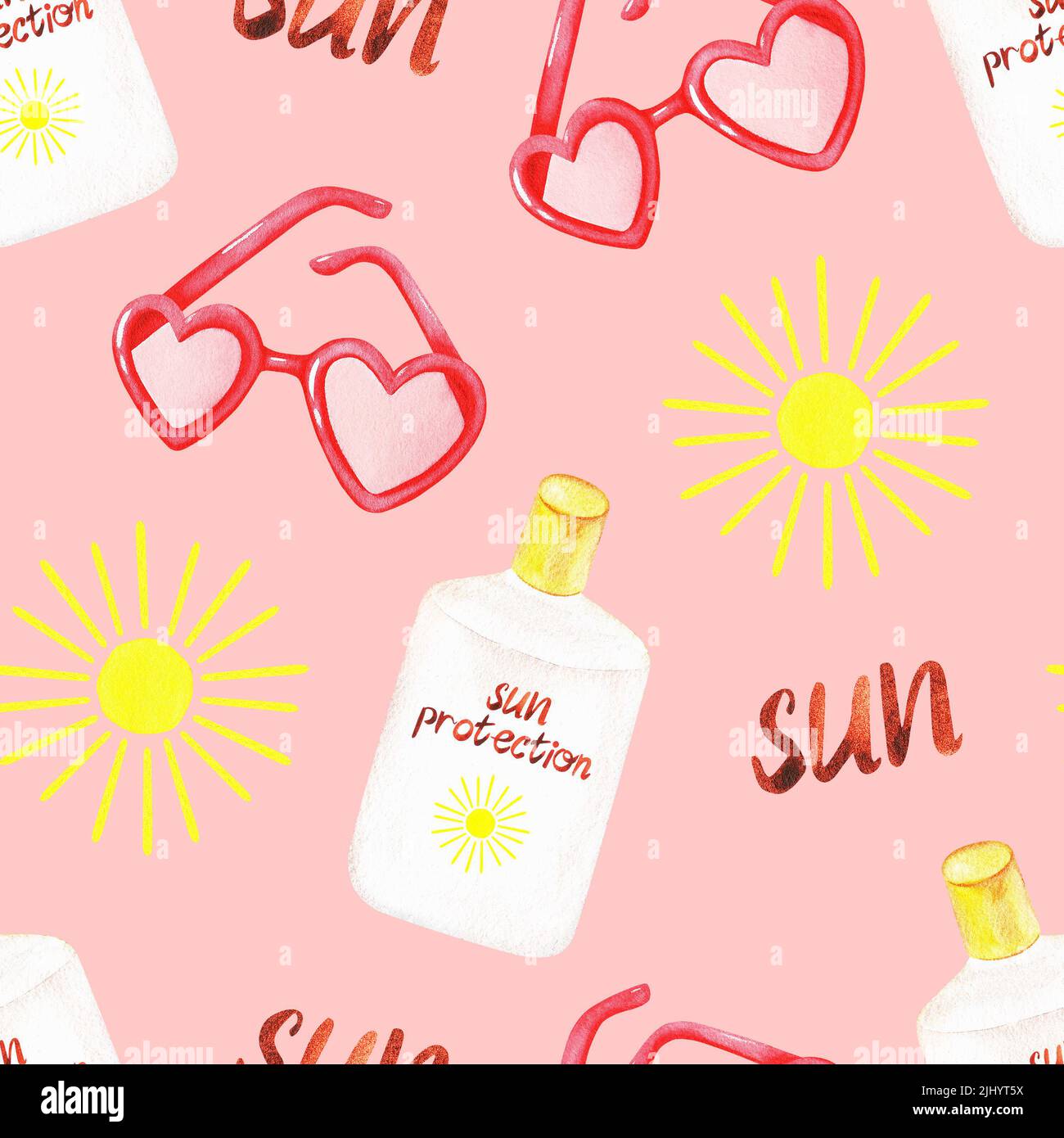 Sunscreen and sunglasses. Seamless pattern. Watercolor illustration ...