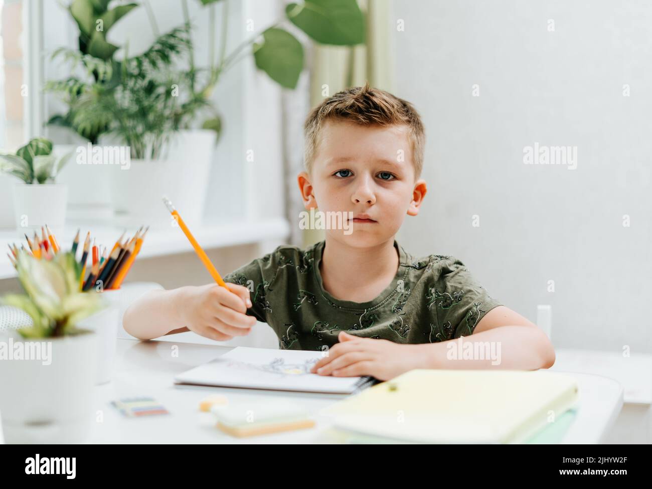 School kid boy studying at home with book, draw in notepad and doing ...
