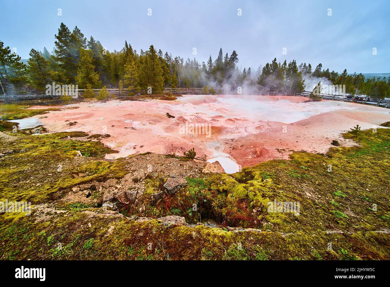 Vibrant spring in Yellowstone with sulfur steam Stock Photo - Alamy