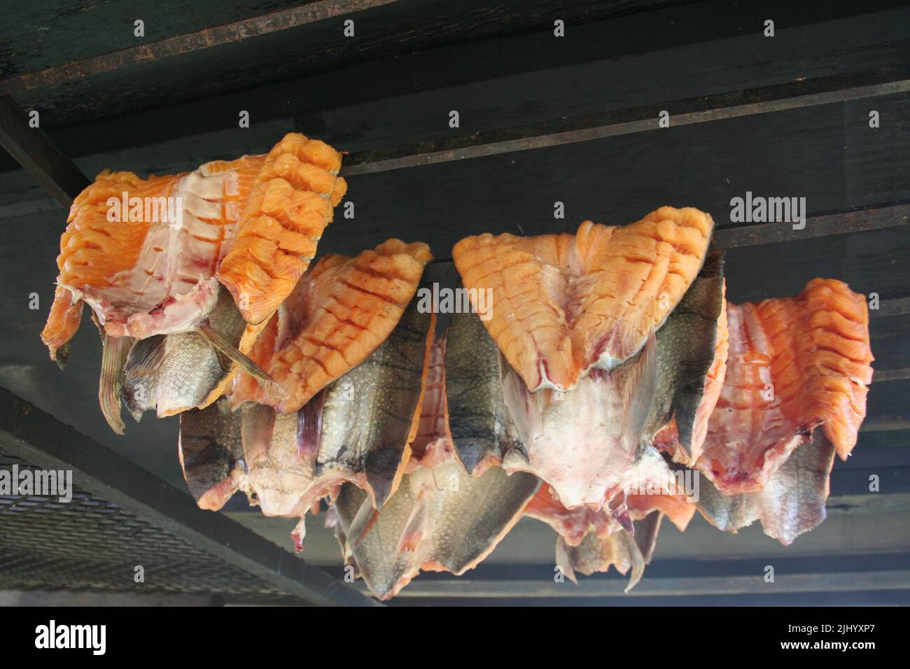 Fillets of fish hanging above fire (smoked fish), a typical traditional ...
