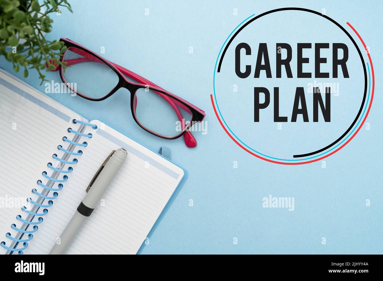A colorful illustration of glasses, a plant, a pen and a notebook with ...