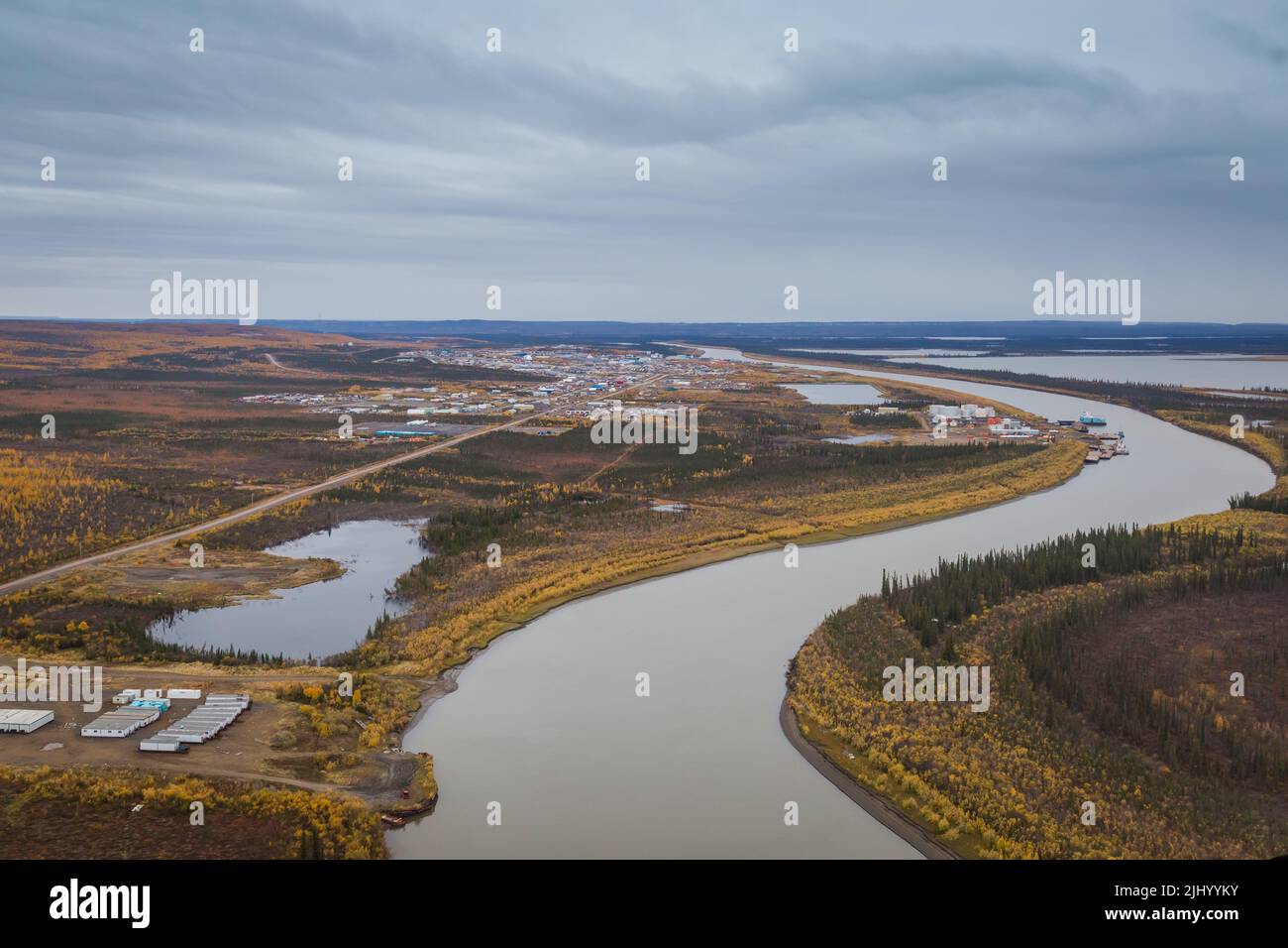 Aerial view of the Mackenzie River and Inuvik-Tuktoyaktuk Highway in ...