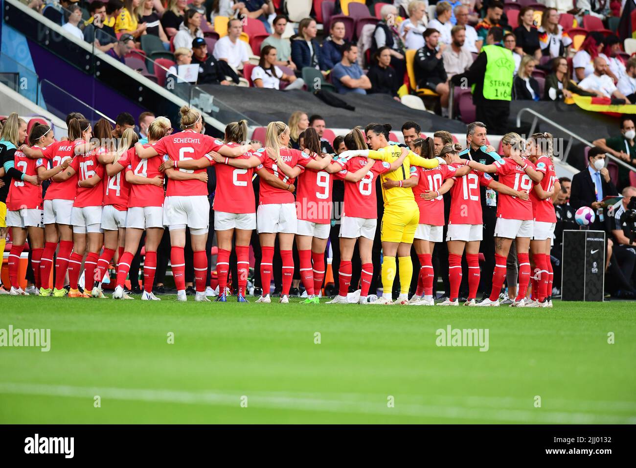 Brentford, UK. 21st July, 2022. Austria team huddle during the UEFA ...