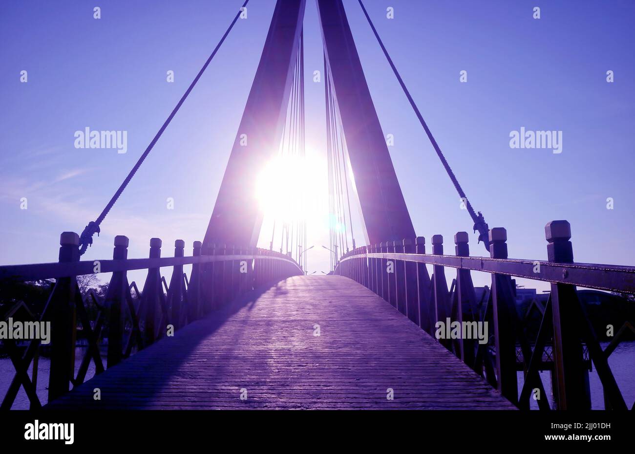 Pop art surreal style amazing vibrant blue purple colored bridge over ...