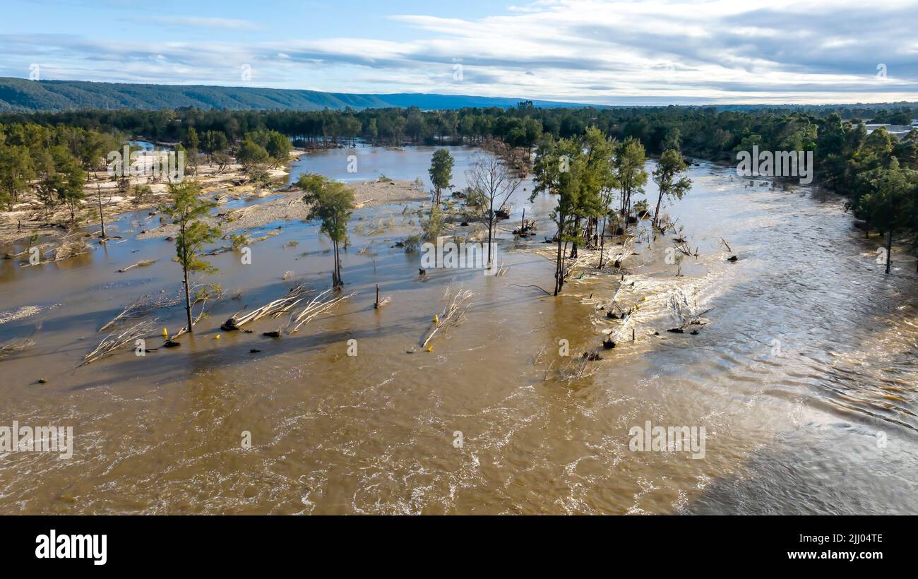 Drone aerial photograph of severe flooding of the Nepean River and ...