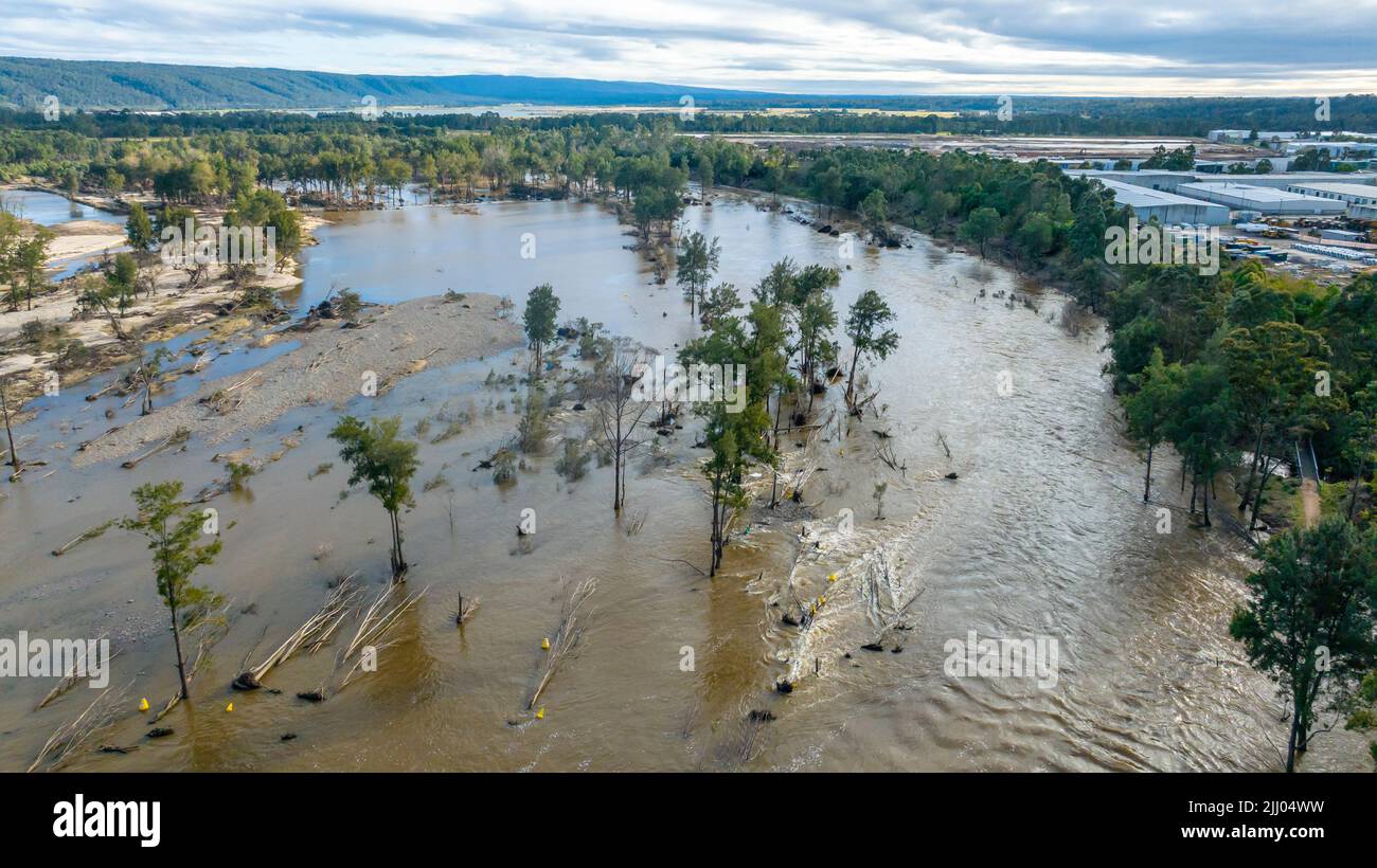 Drone aerial photograph of severe flooding of the Nepean River and ...